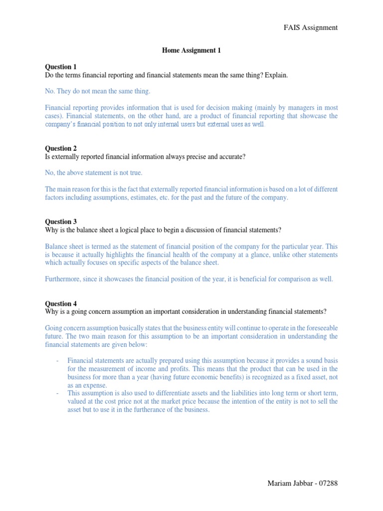 FAIS Assignment 1 - Mariam Jabbar PDF | PDF | Net Income | Financial Statement