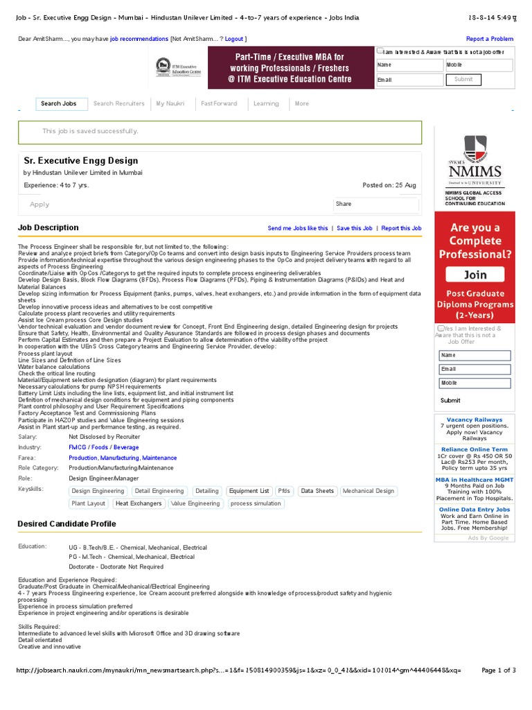 Job - Sr. Executive Engg Design - Mumbai - Hindustan Unilever Limited ...