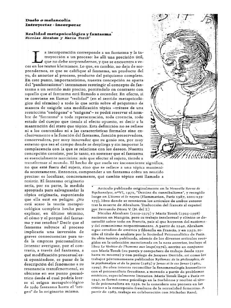 Nicolas Abraham y Maria Torok. Duelo o Melancolía. Introyectar ...