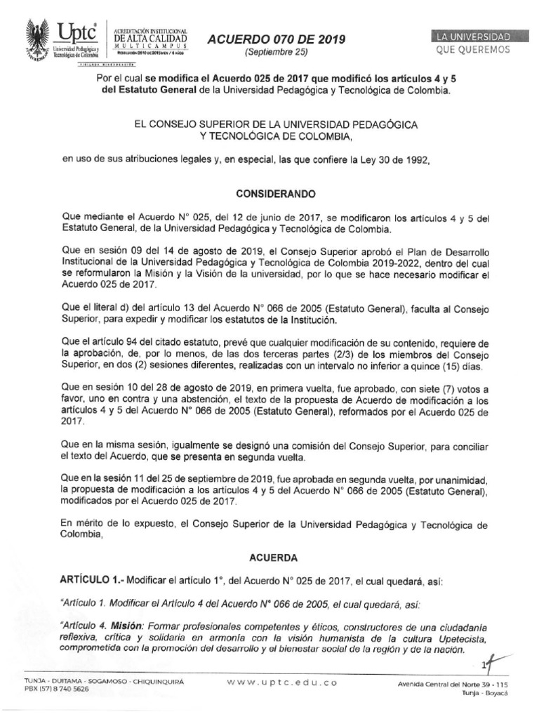 Acuerdo - 070 - 2019 UPTC | PDF