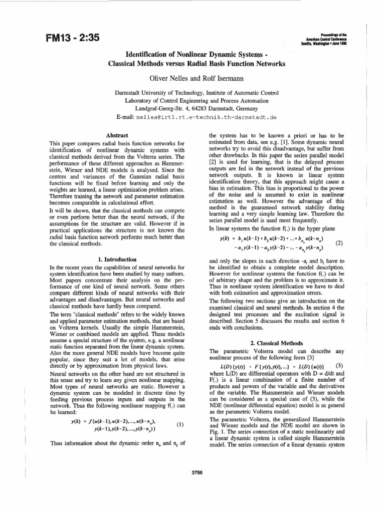 Identification Of Nonlinear Dynamic Systems Classical Methods Versus Rbf Networks Nelles