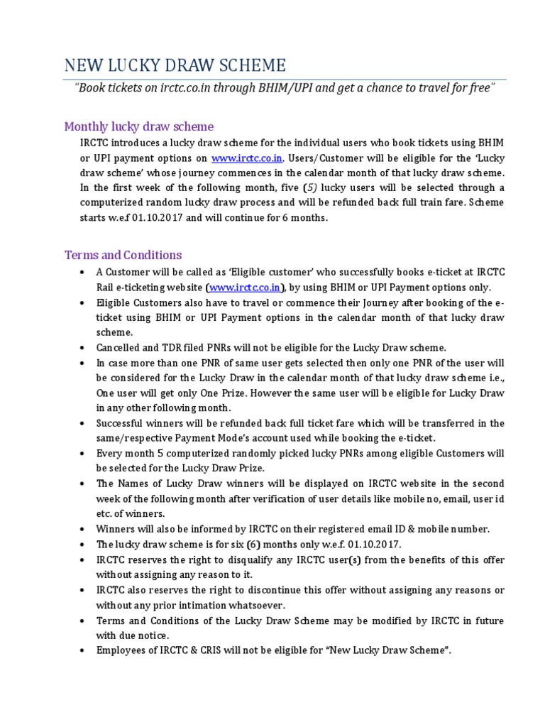 New Lucky Draw Scheme: "Book Tickets On Irctc - Co.in Through BHIM/UPI ...