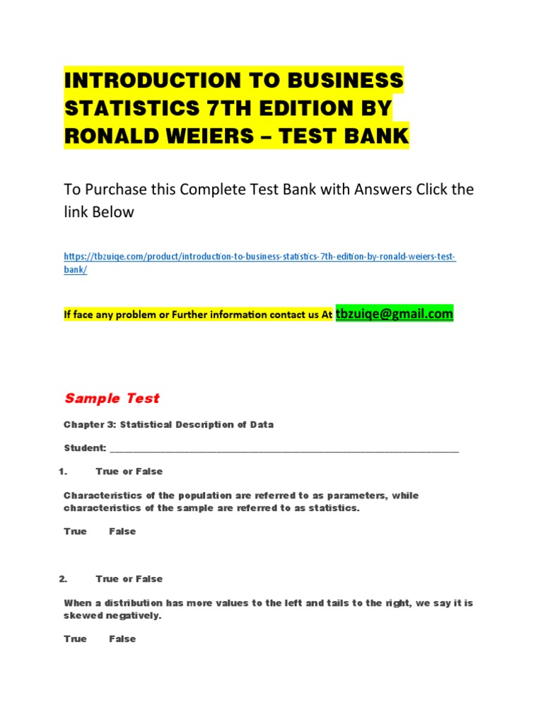 Introduction To Business Statistics 7th Edition by Ronald Weiers - Test ... Introduction To Business Statistics 7th Edition by Ronald Weiers - Test ...