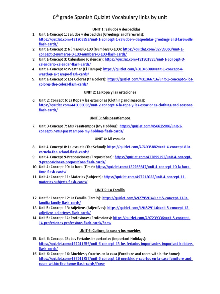 6th Grade Spanish Quizlet Units | PDF | Syntactic Relationships | Semiotics