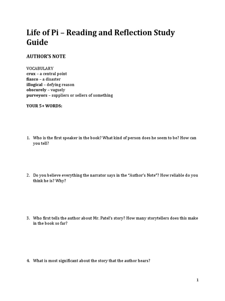 Life of Pi - Reading and Reflection Study Guide: Author'S Note | PDF ...