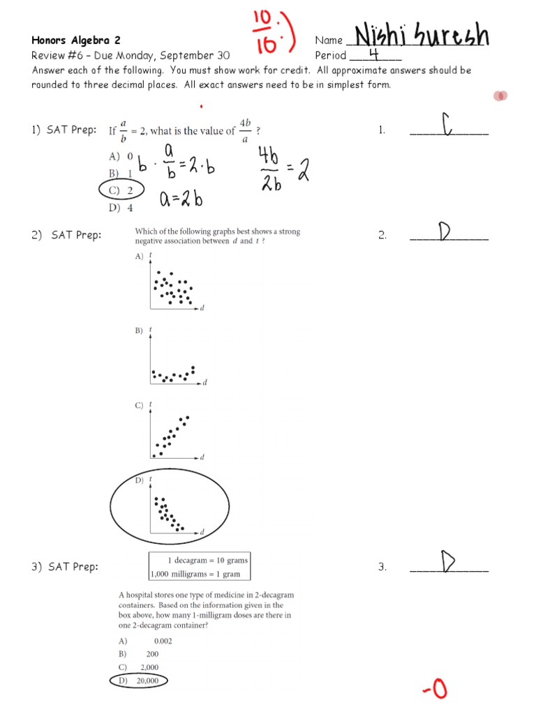 Honors Algebra 2: Name - Review #6 - Due Monday, September 30 Period | PDF