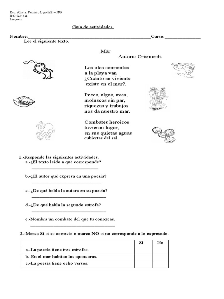 Actividades de comprensión lectora sobre el mar | PDF
