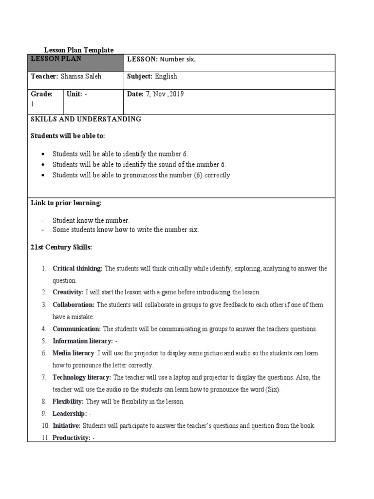 Lesson Plan Template Lesson Plan LESSON: Number Six. Teacher: Shamsa ...