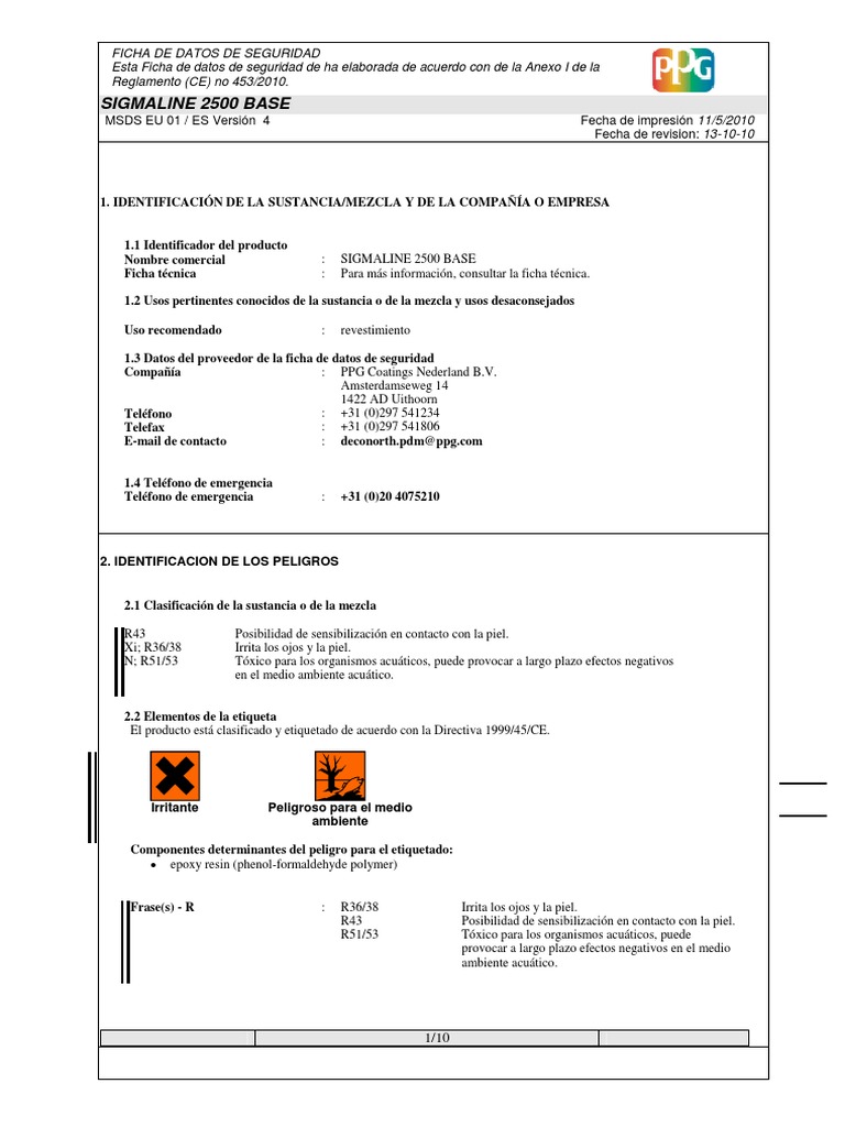 12MSDS Sigmaline 2500 Base | PDF | Combustión | Guante