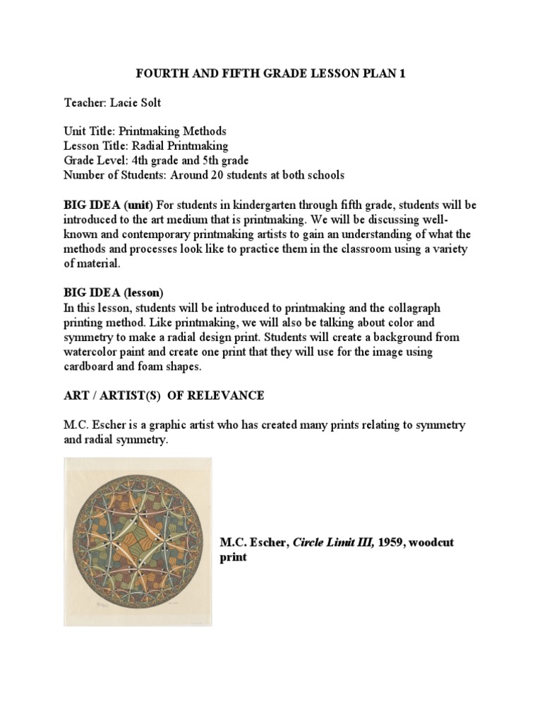 Fourth and Fifth Grade Lesson Plan 1 | PDF | Printmaking | Classroom