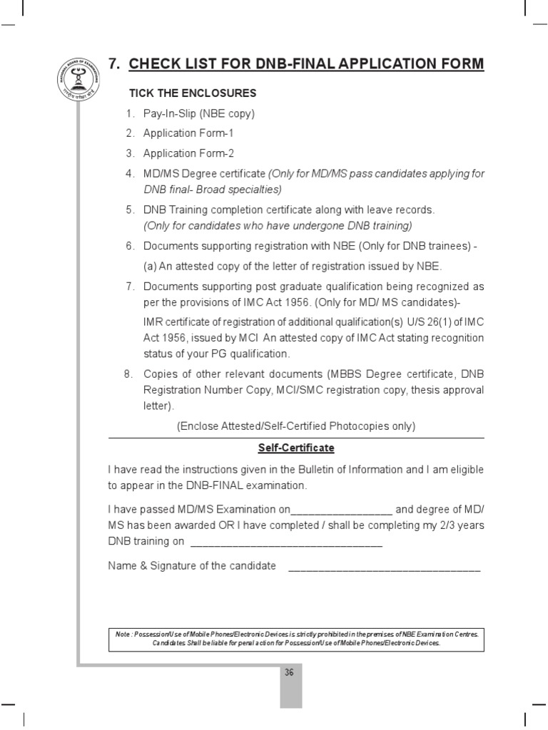 Check List For Dnb-Final Application Form: Tick The Enclosures | PDF