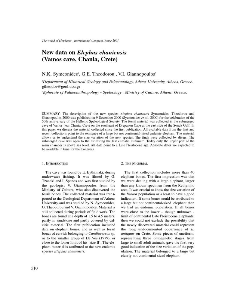New Data On Elephas Chaniensis (Vamos Cave, Chania, Crete) | PDF ...