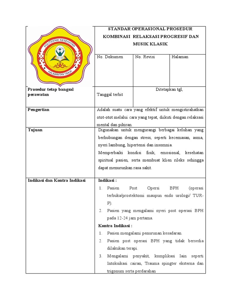 Sop Kombinasi Relaksasi Progresif Dan Terapi Musik Klasik | PDF