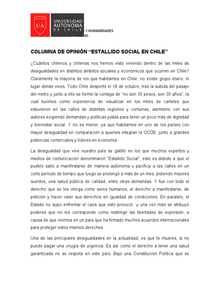Estallido Social en Chile, Una Columna de Opinión | PDF | Chile ...