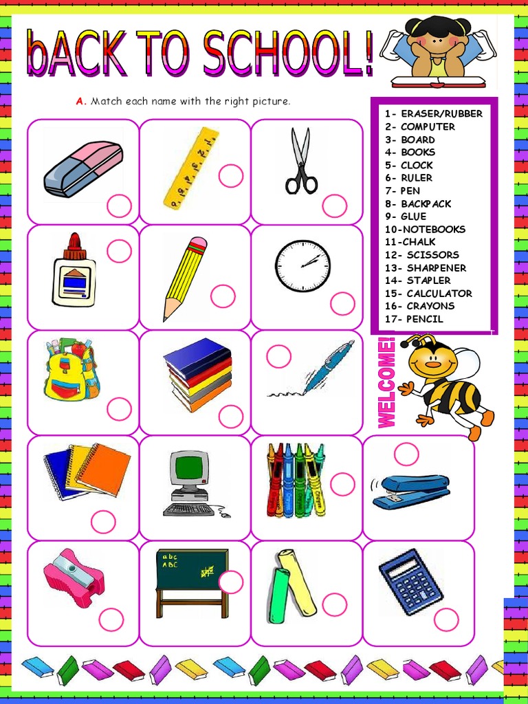 School Supplies Identification: Matching Names to Pictures | PDF