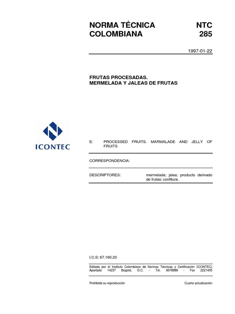 NTC285 Frutas Procesadas y Jaleas de Frutas PDF | PDF | Conservas de ...