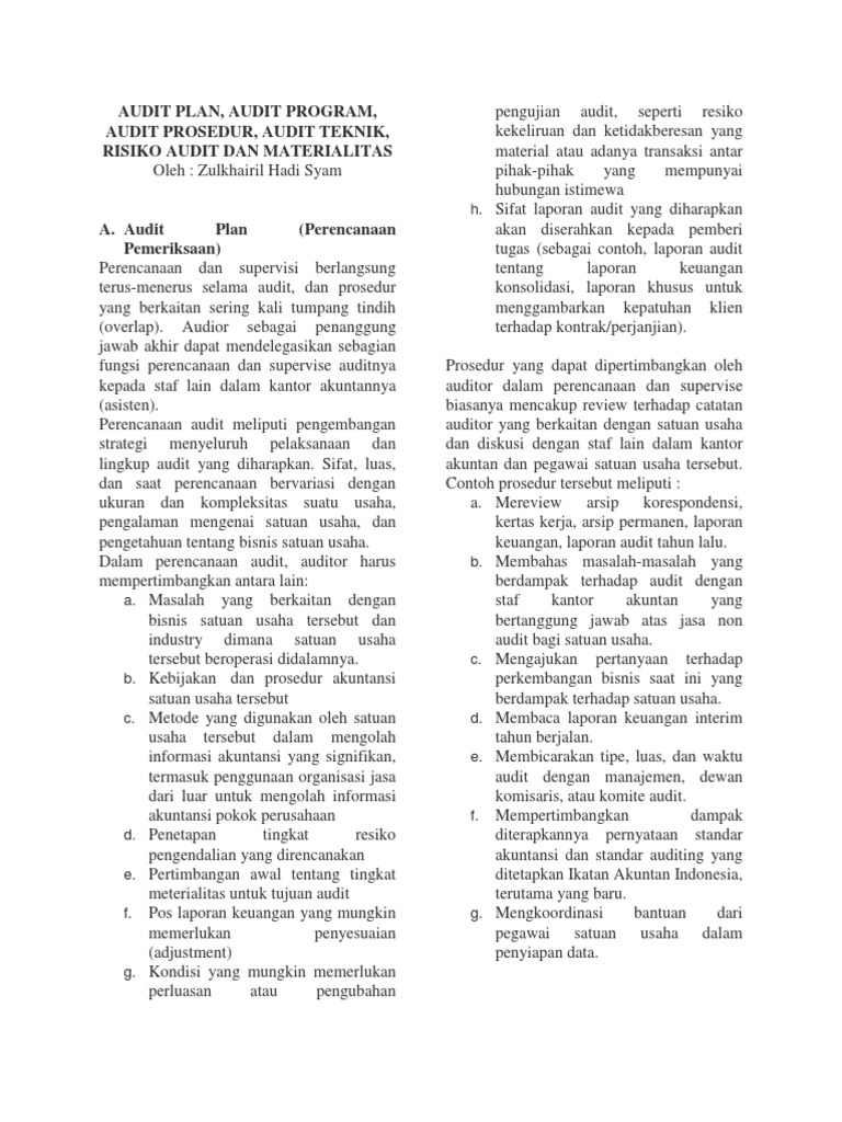 Materi Audit Plan, Audit Program, Audit Prosedur, Audit Teknik, Risiko Audit Dan Materialitas ...