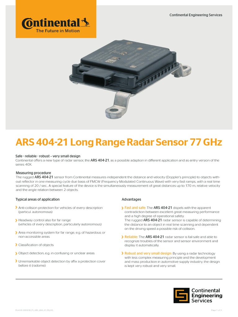 Continental Radar Sensor Measures 170m | PDF | Radar | Wireless