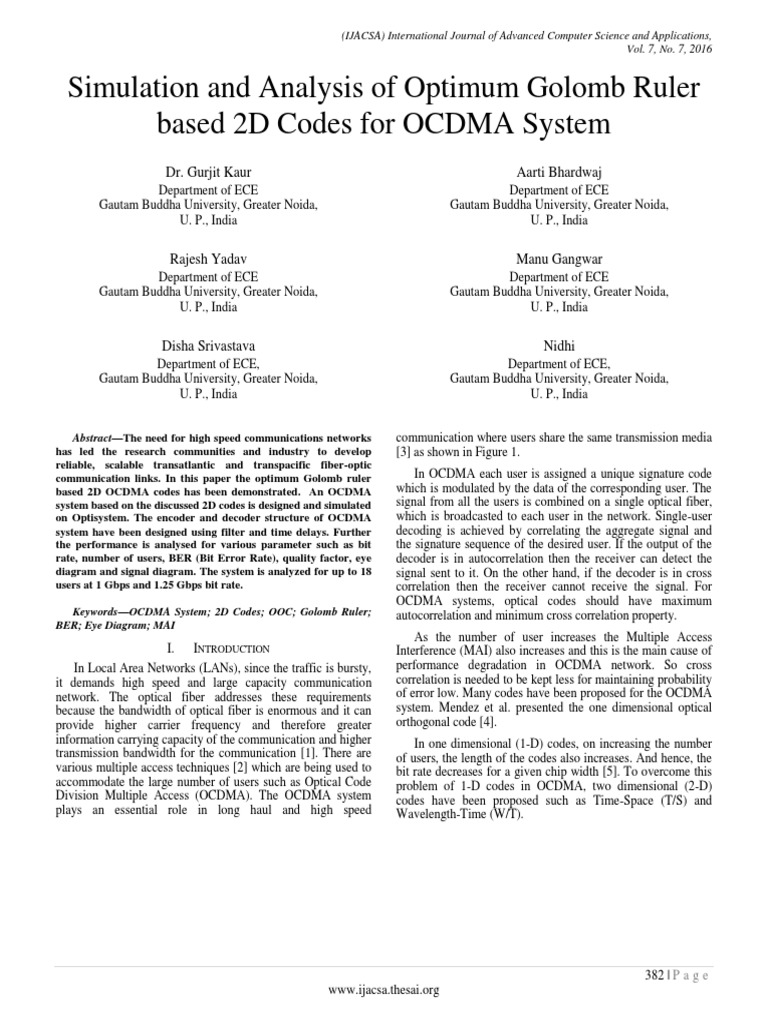 Simulation and Analysis of Optimum Golomb Ruler Based 2D Codes For ...