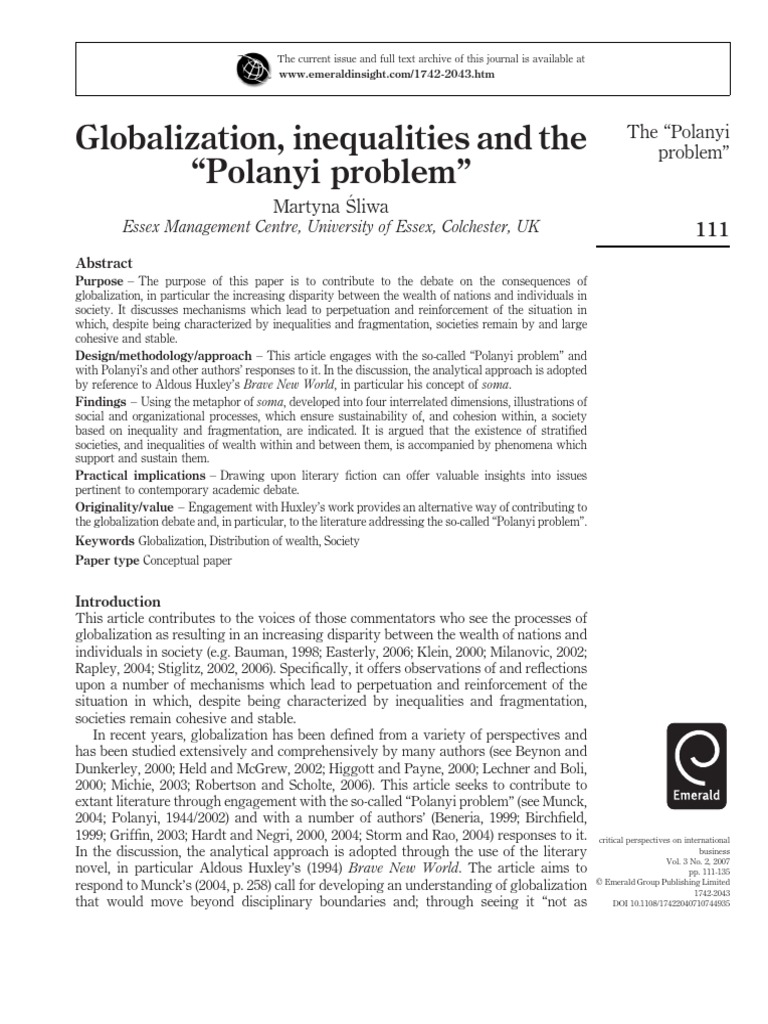 Artikel 1 - Globalization Inequalities and The Polanyi Problem | PDF | Antonio Gramsci ...