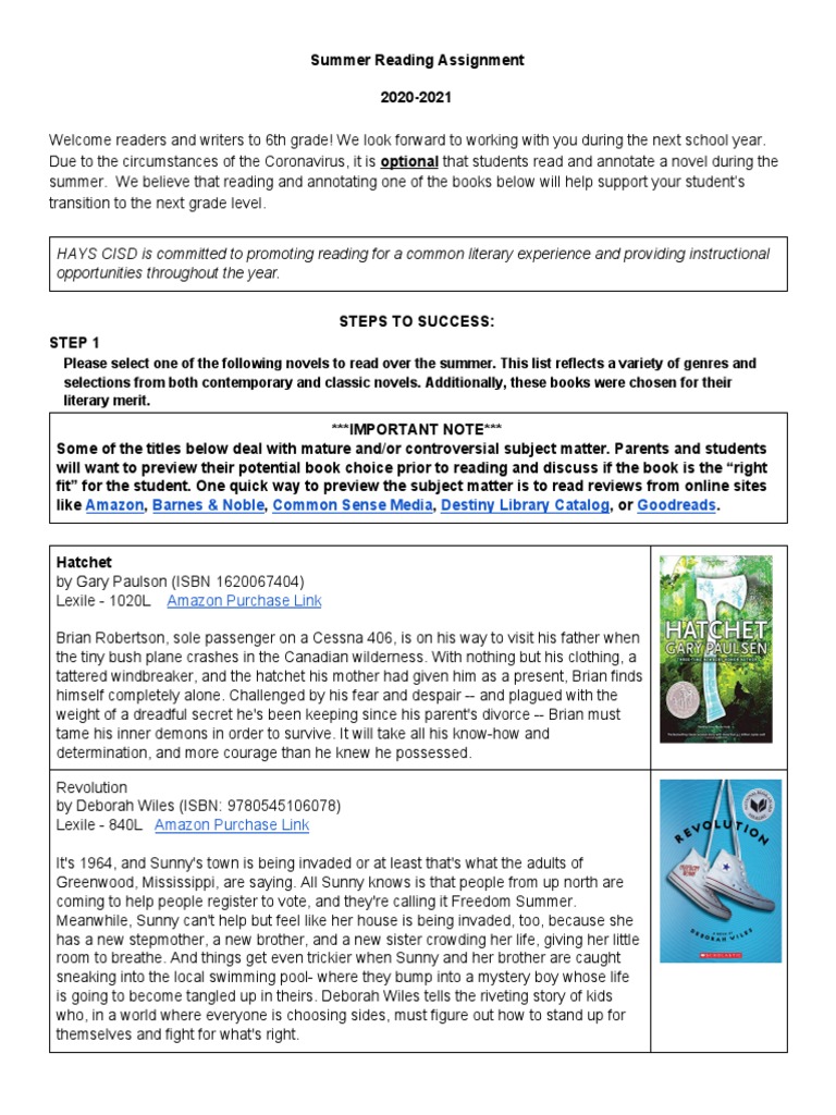 6th Grade Hays Cisd Summer Reading 2020-2021 | PDF | Books | Reading ...