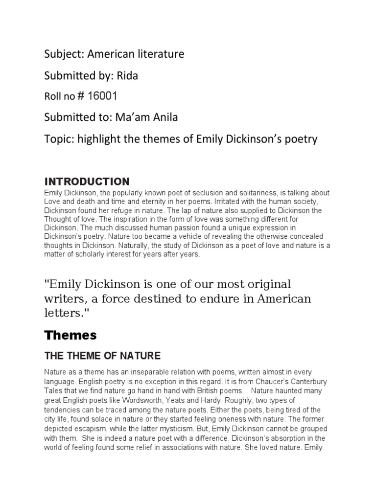 Emily Dickinson's Exploration of Love, Nature, and Death in Her Poetry ...