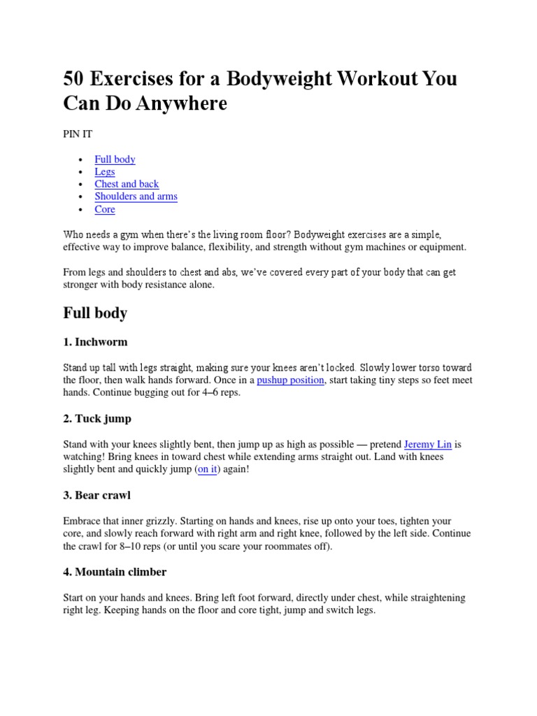 50 Exercises For A Bodyweight Workout You Can Do Anywhere | PDF