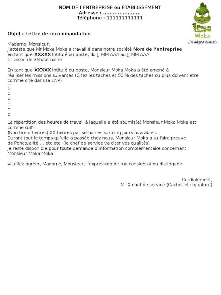 Exemple Lettre de Reference - Moka PDF | PDF