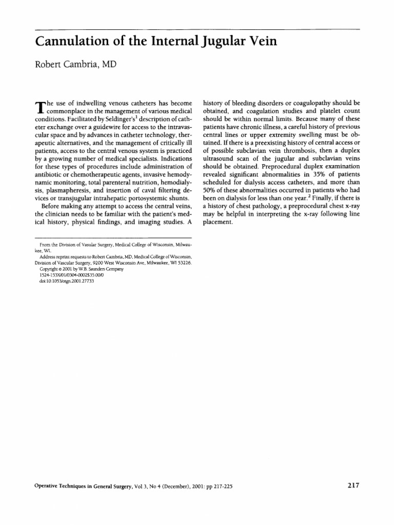 Cannulation of The Internal Jugular Vein: Robert Cambria, MD | PDF ...