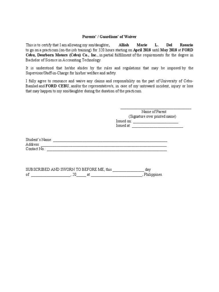Parent Waiver for Student Practicum | PDF | Finance & Money Management