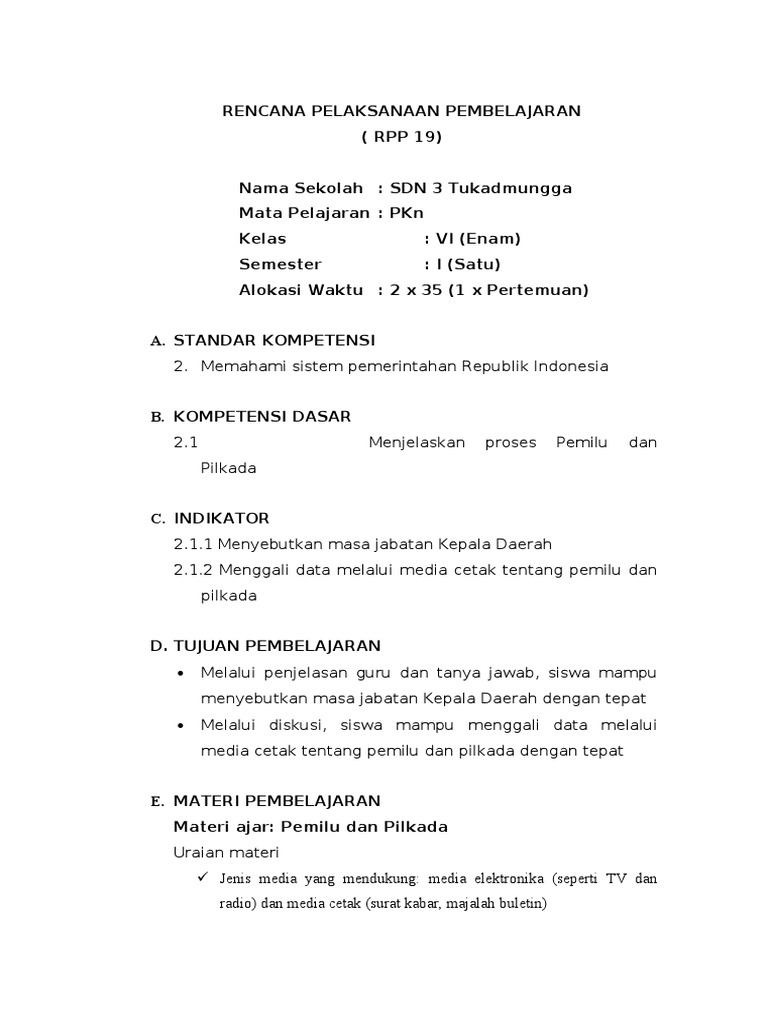 Contoh RPP PKn Kelas VI SD | PDF
