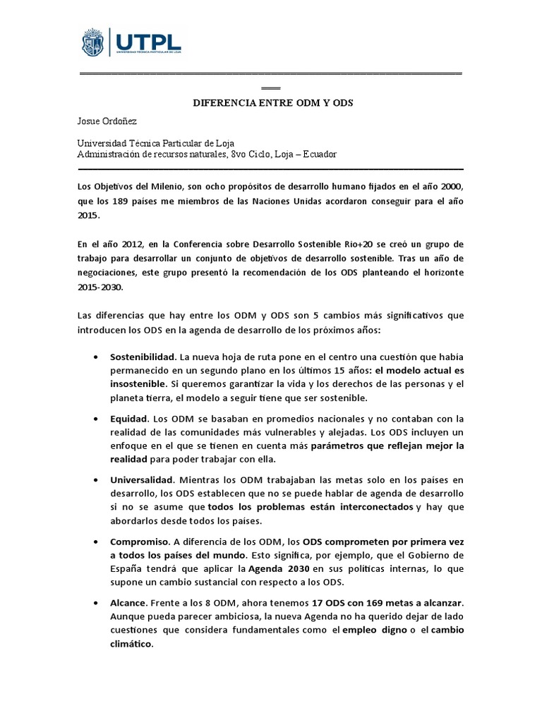 Diferencias entre ODM y ODS | PDF | Desarrollo sostenible | Objetivos de Desarrollo del Milenio