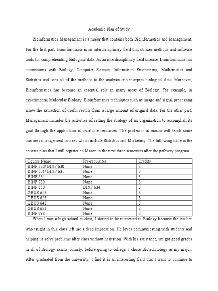 Academic Plan of Study | PDF | Bioinformatics | International Student