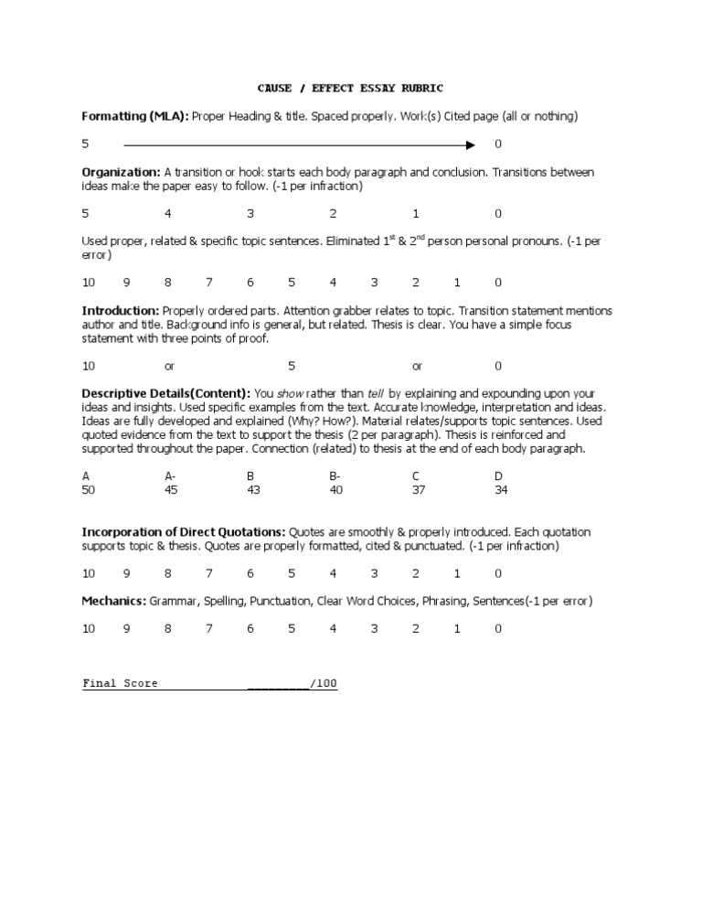 Cause and Effect Essay Rubric | PDF