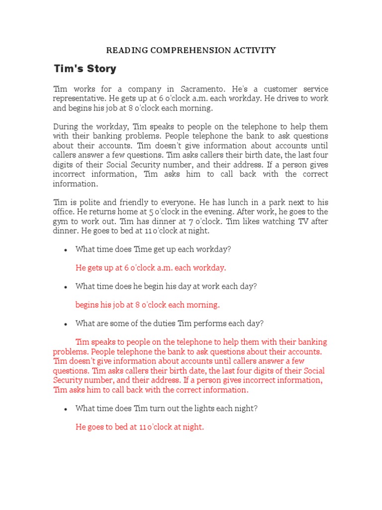 Tim's Story: Reading Comprehension Activity | PDF