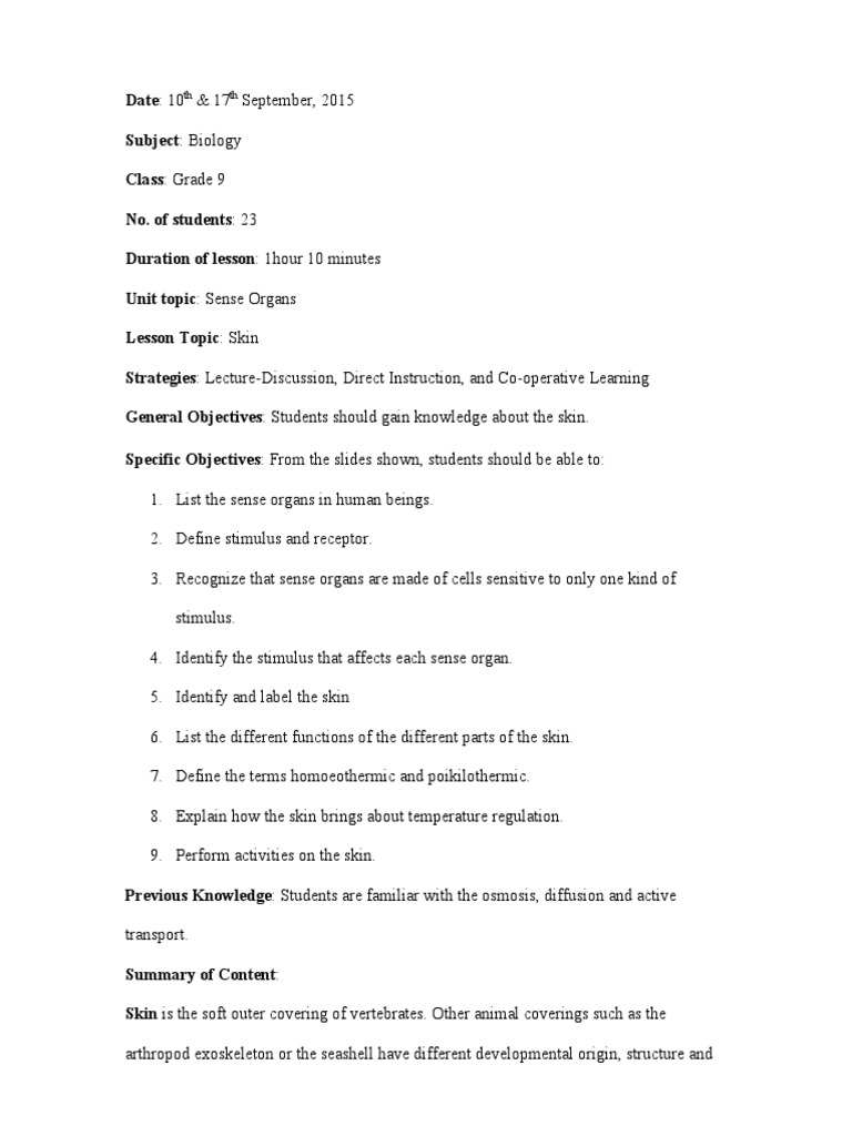 Sense Organs Skin #1 E | PDF | Skin | Senses