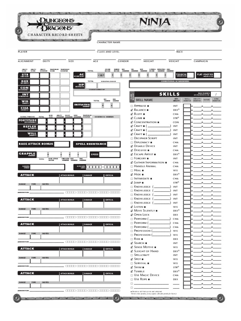 D&D ninja character sheet | Leisure