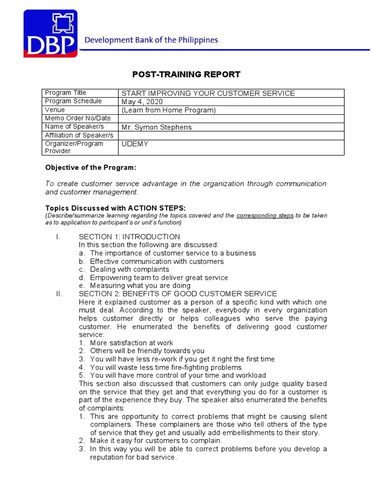 Post-Training Report: Objective of The Program | PDF | Customer ...