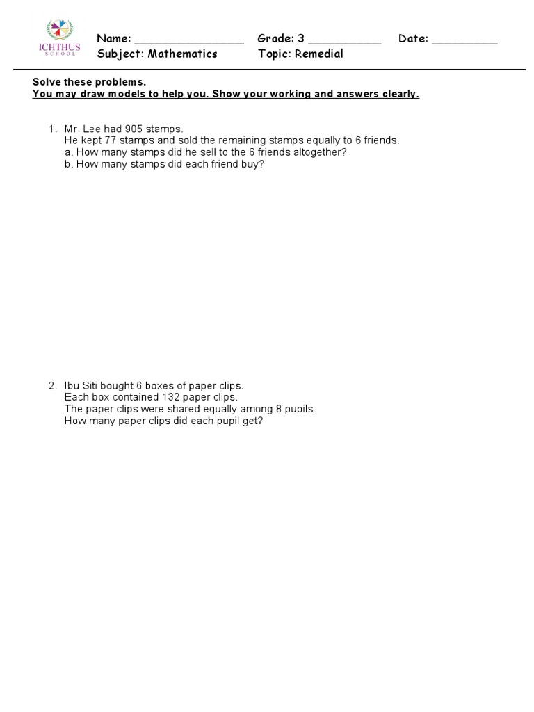 Remedial Word Problems - Four Operation | PDF