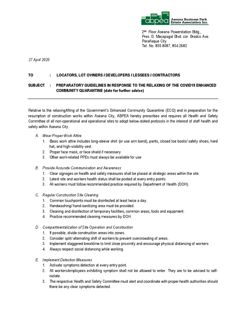 ABPEA Preparatory Guidelines After ECQ | PDF | Occupational Safety And ...