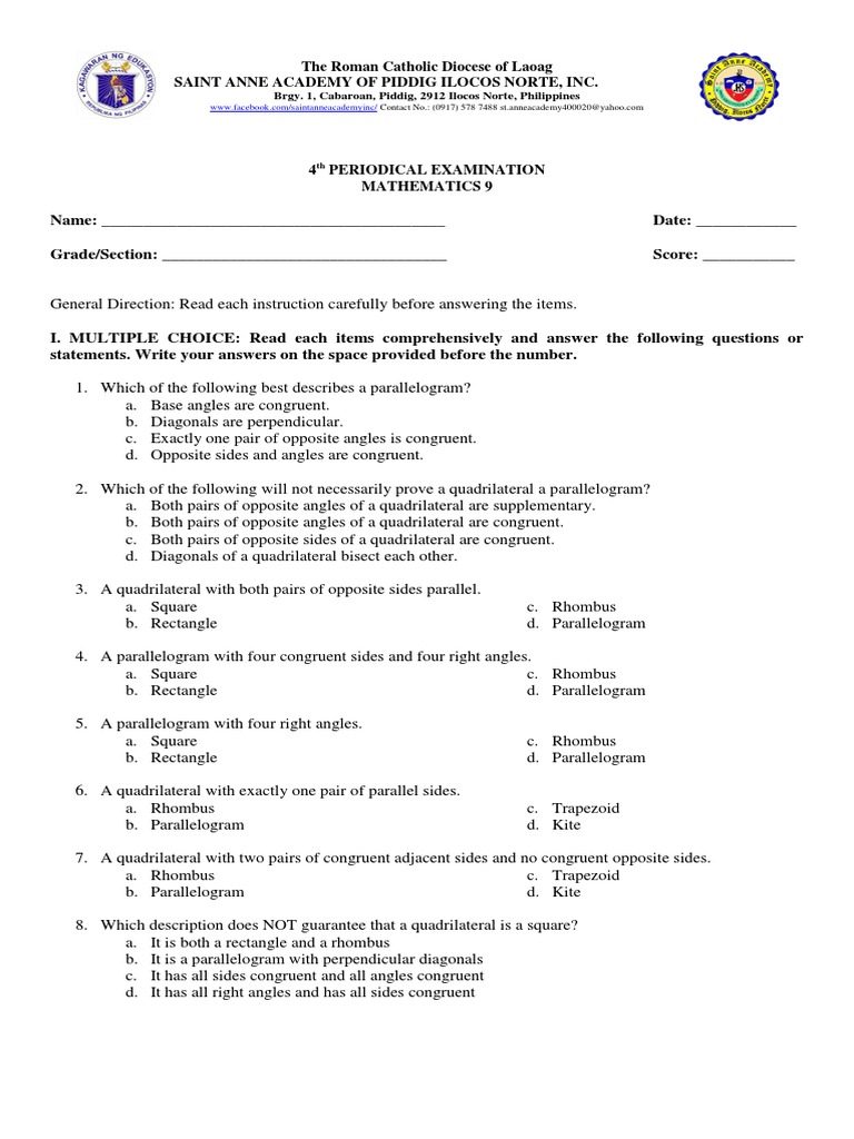 MATH 9 Fourth Quarter PDF | PDF | Trigonometric Functions | Rectangle