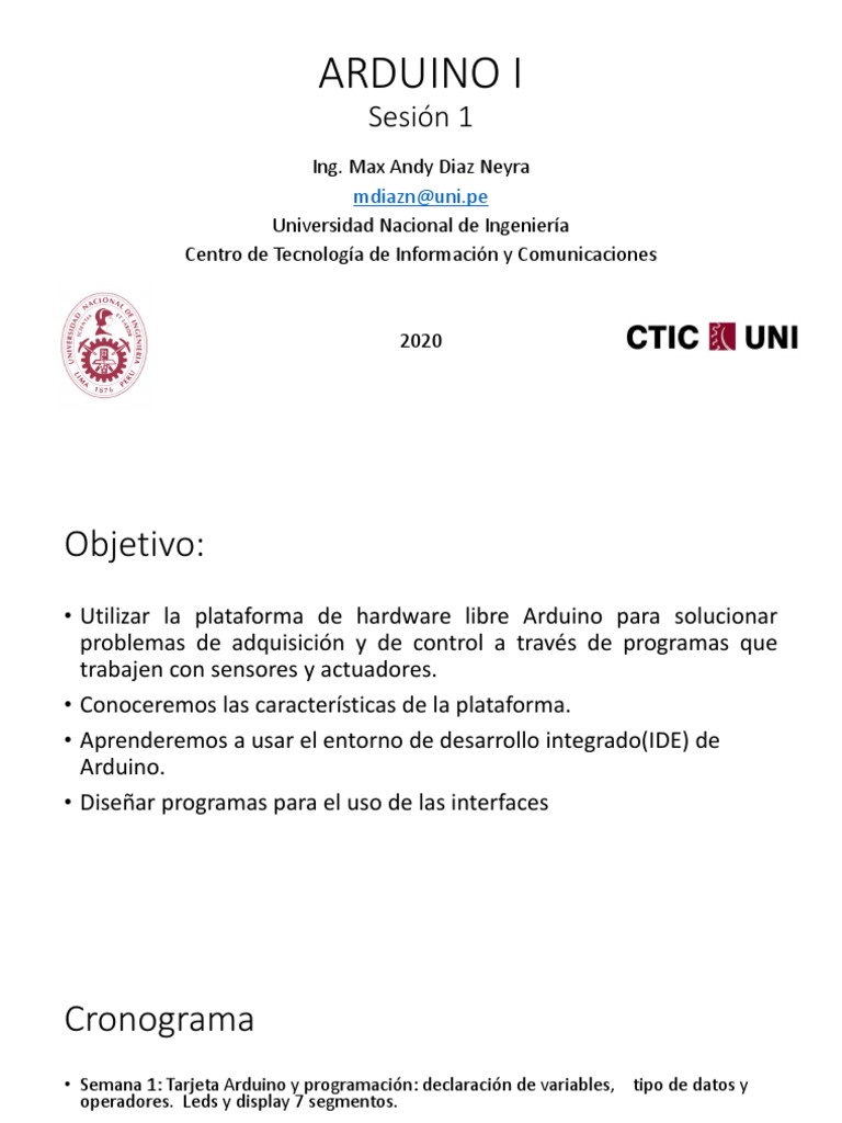 CTIC UNI Arduino Class 1 Estudiantes PDF | PDF | Arduino | Microcontrolador