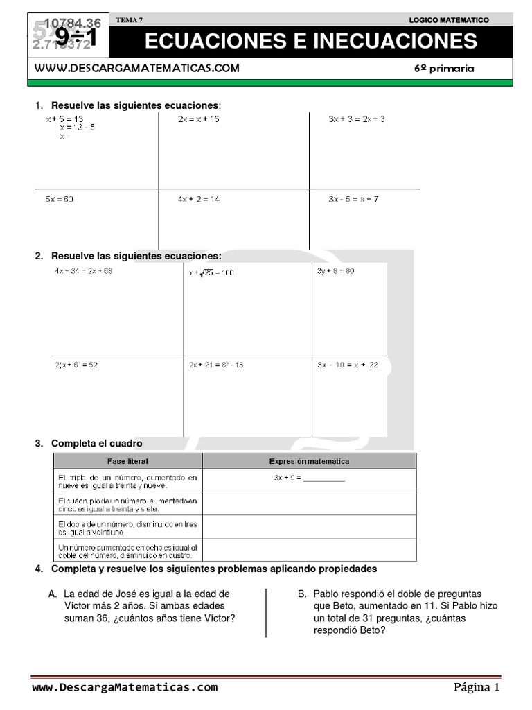 07 Ecuaciones e Inecuaciones Sexto de Primaria | PDF