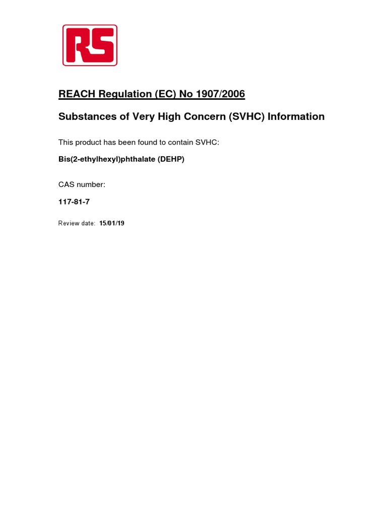 REACH Regulation (EC) No 1907/2006 Substances of Very High Concern ...