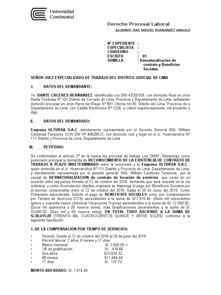 Demanda Por Desnaturalización de Contrato y Beneficios Sociales | PDF | Derecho laboral ...