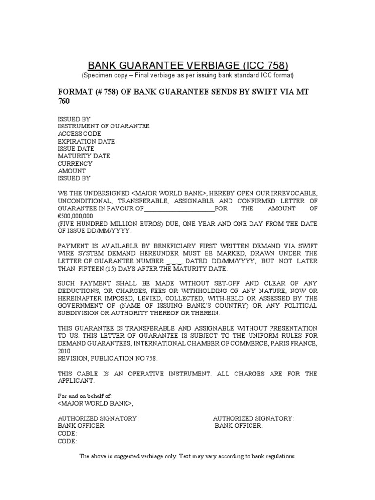 Bank Guarantee Verbiage Sample (ICC 758) | PDF | Finance & Money Management