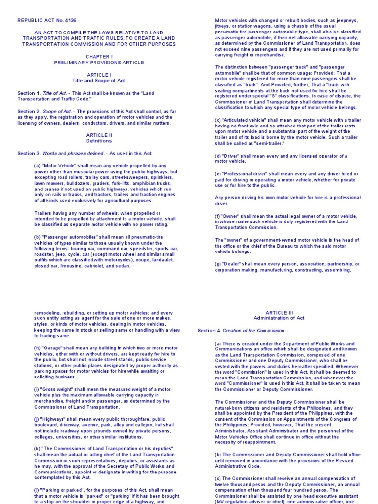 REPUBLIC ACT No. 4136 | PDF | Vehicle Registration Plate | Truck