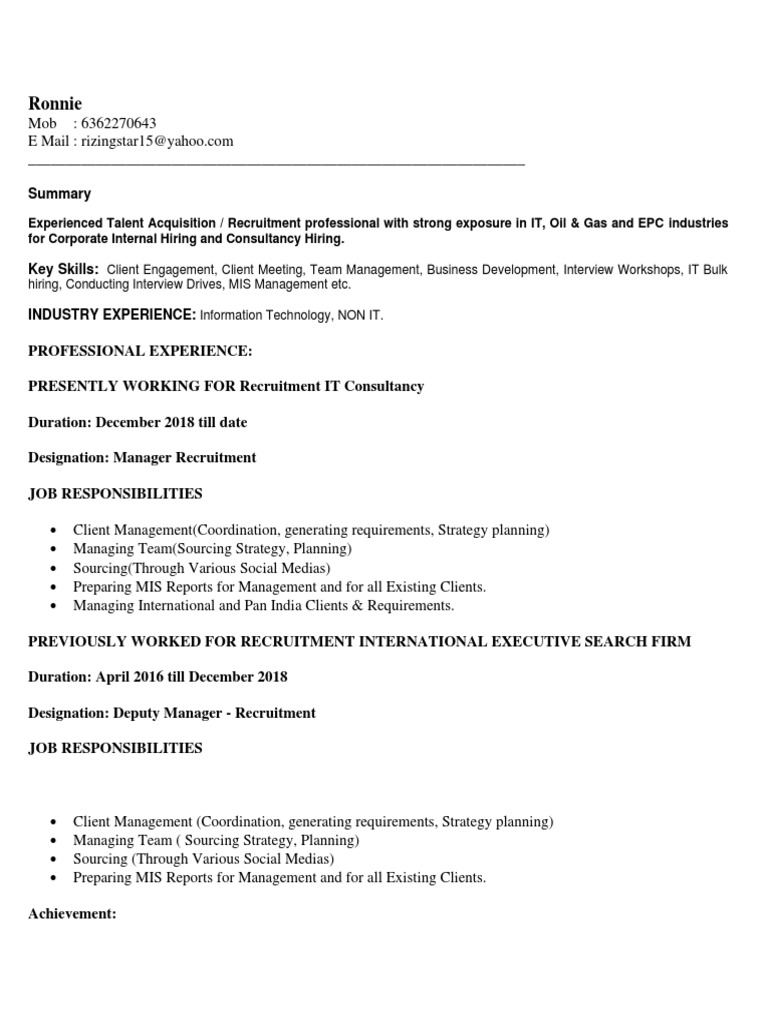 Ronnie CV | PDF | Recruitment | Business