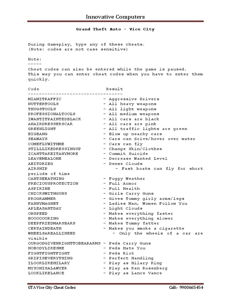 GTA Vice City Cheat Codes | PDF