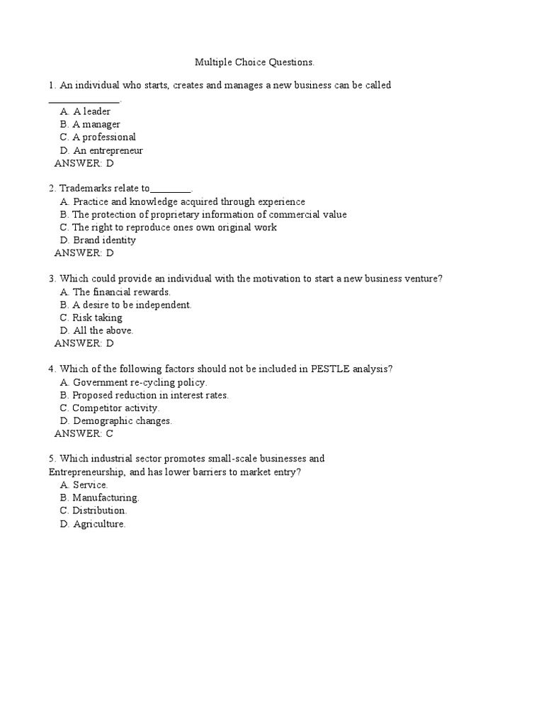 ENtrepreneurship Multiple Choice Questions | PDF | Entrepreneurship ...